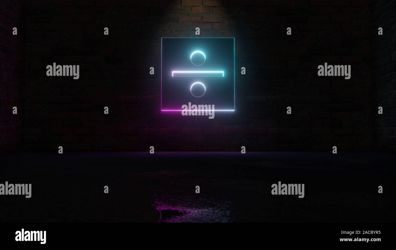 3D rendering of blue violet neon symbol of divide symbol in square on ...