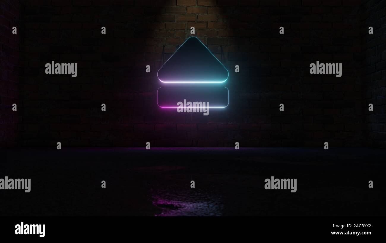 3d Rendering Of Blue Violet Neon Symbol Of Eject Symbol On Dark Brick Wall Background With Wet