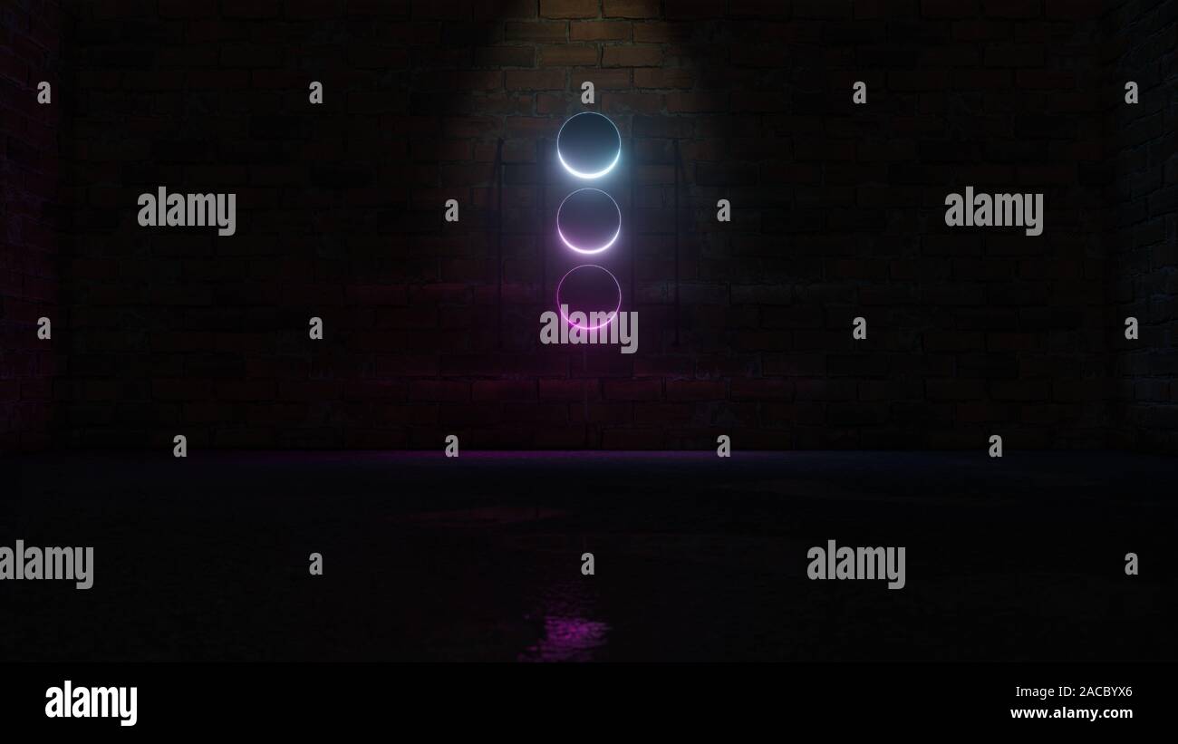 3D rendering of blue violet neon symbol of three dots in vertical ...