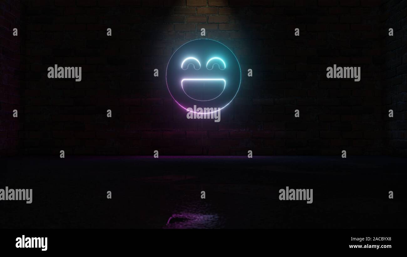 3D rendering of blue violet neon symbol of goofy emoticon on dark brick ...