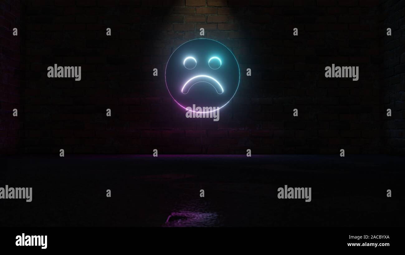 3D rendering of blue violet neon symbol of sad emoticon on dark brick ...