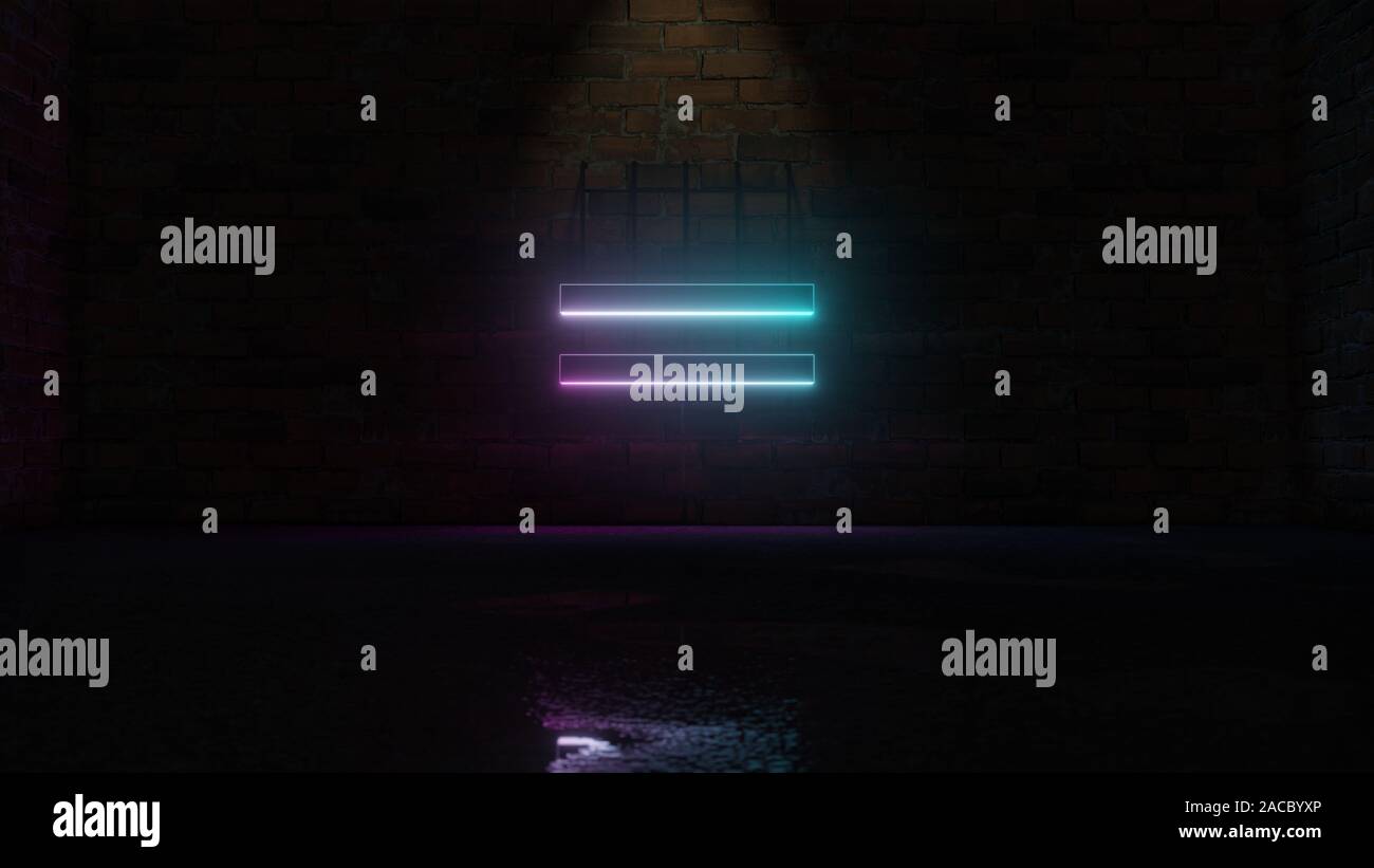 3D rendering of blue violet neon symbol of thin equal sign on dark ...