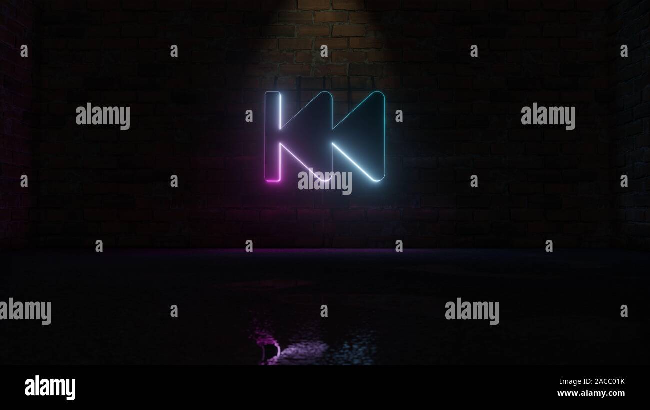3D rendering of blue violet neon symbol of fast backward symbol on dark ...