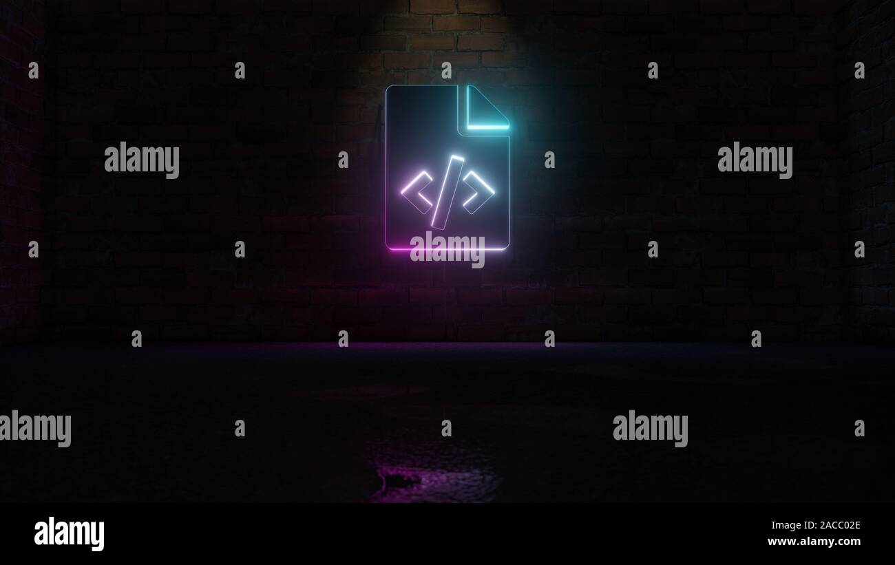 3d Rendering Of Blue Violet Neon Symbol Of Paper With Bent Corner And Code Symbol On Dark Brick