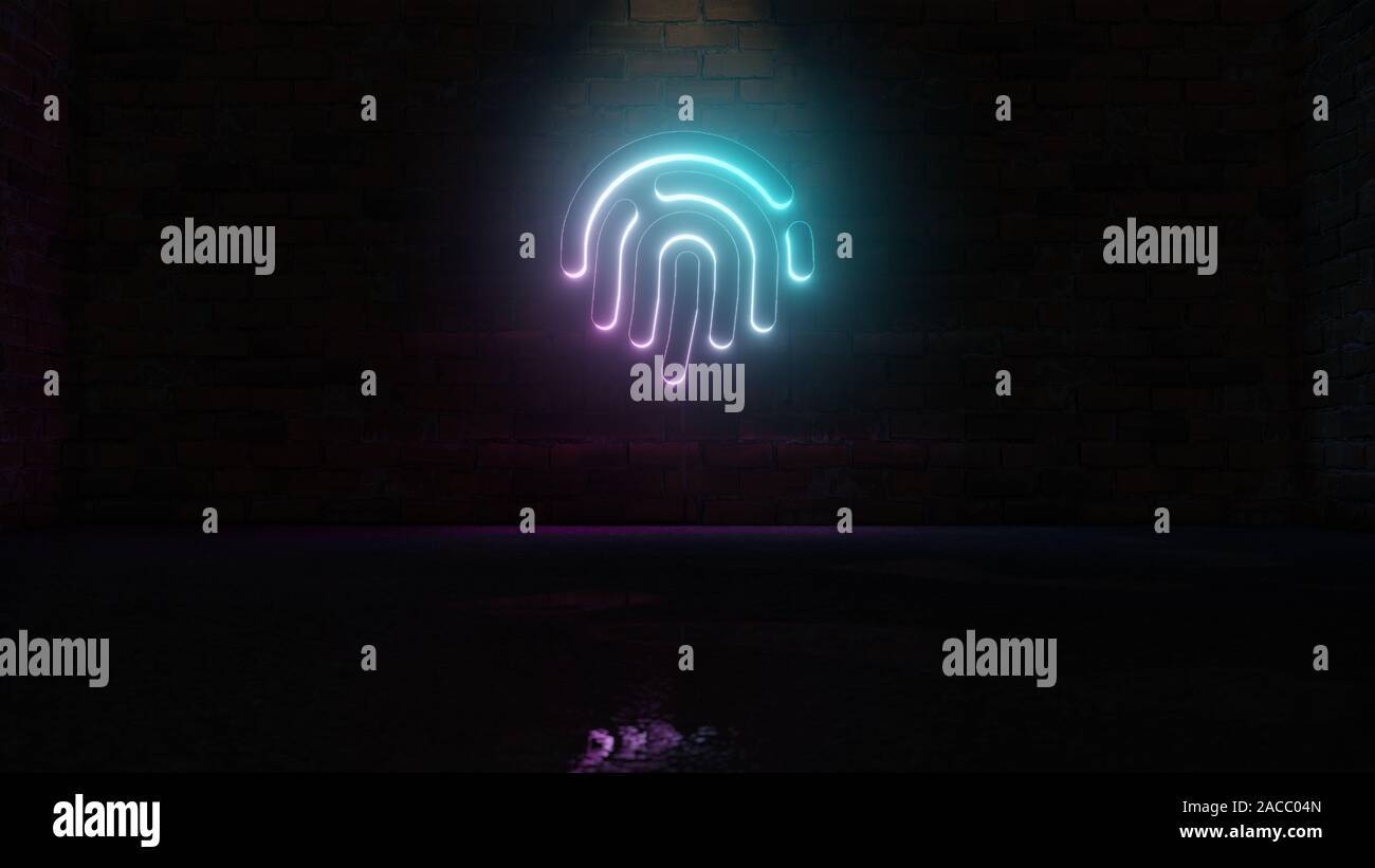 3D rendering of blue violet neon symbol of fingerprint on dark brick ...