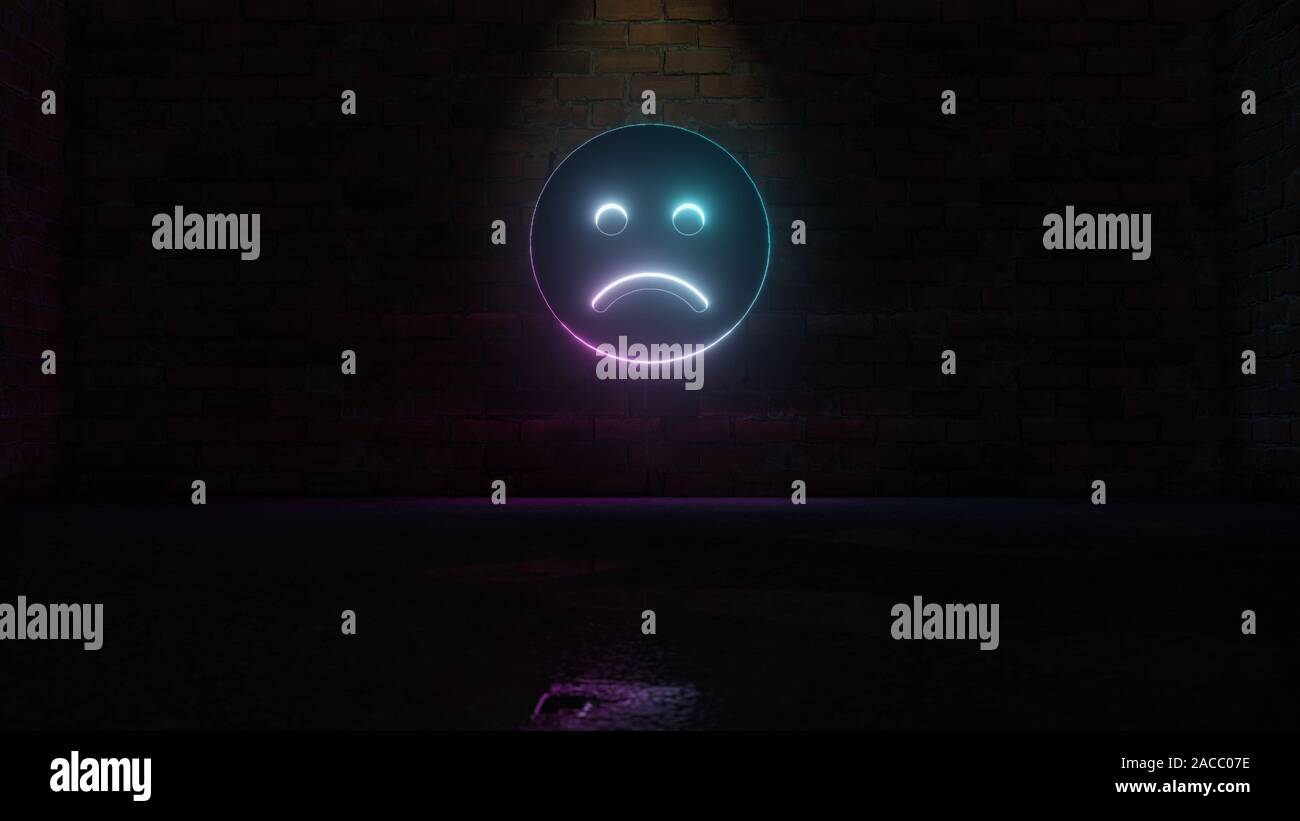 3D rendering of blue violet neon symbol of frown emoticon on dark brick ...