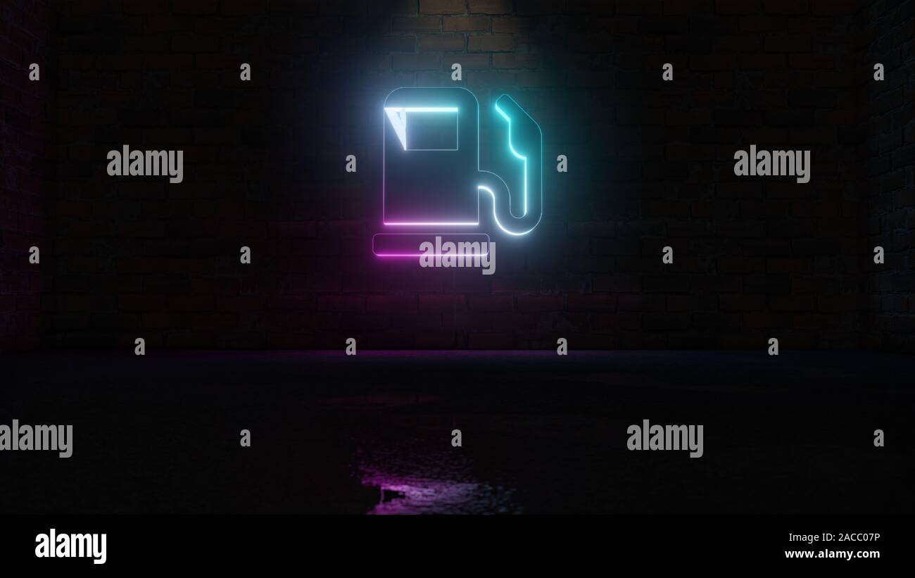 3D rendering of blue violet neon symbol of gas pump station with ...