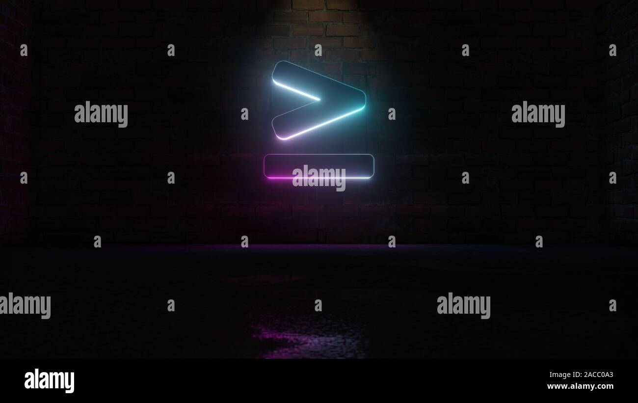 3D rendering of blue violet neon symbol of greater than equal symbol on ...