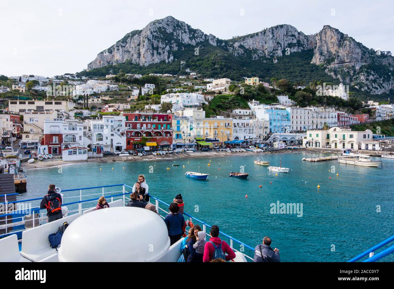 People on ferry, in front of Marina Grande, Capri, Italy Stock Photo ...