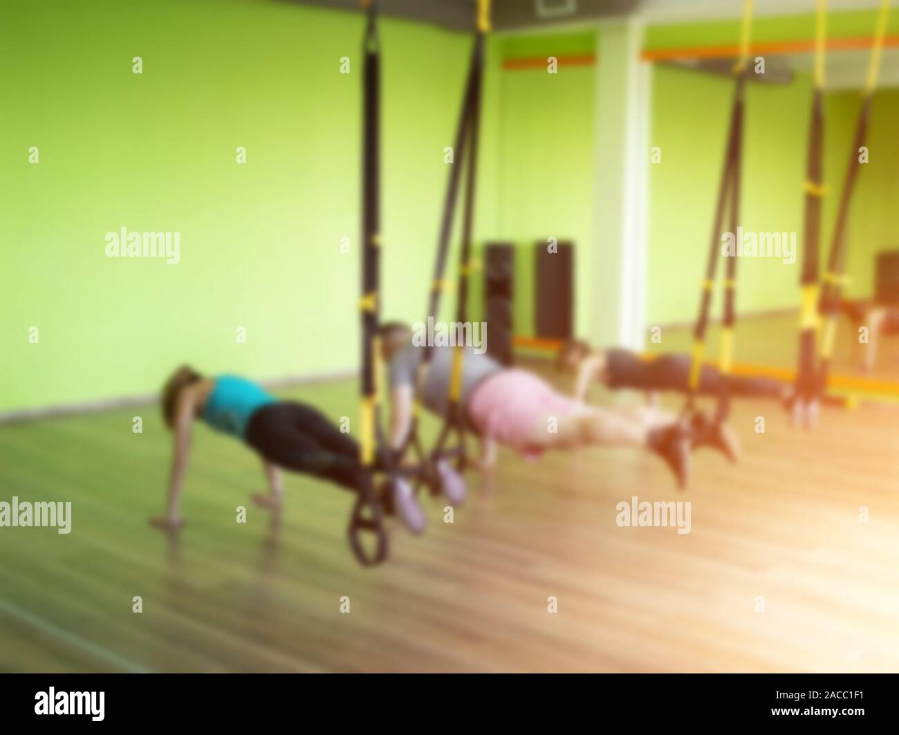 Group exercise in the hinged gym TRX where people do the push up hinge ...