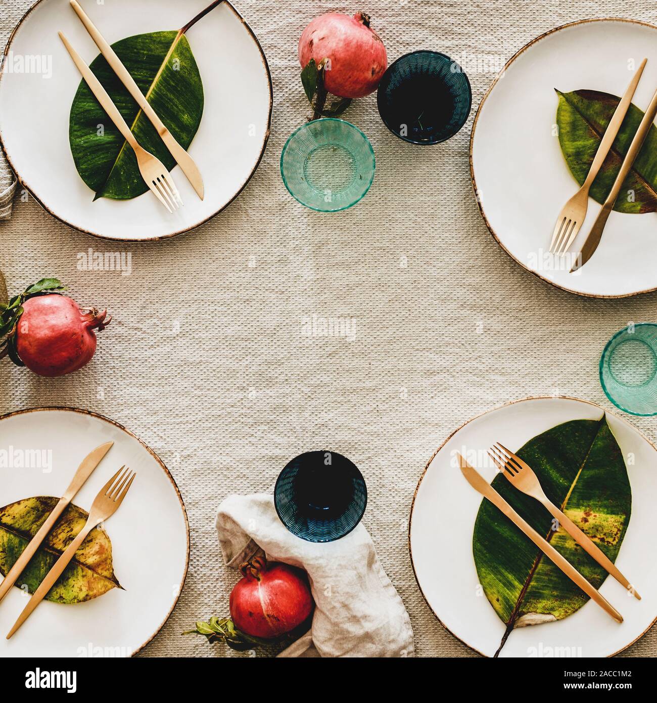 Autumn table styling or setting for holiday celebration, square crop ...