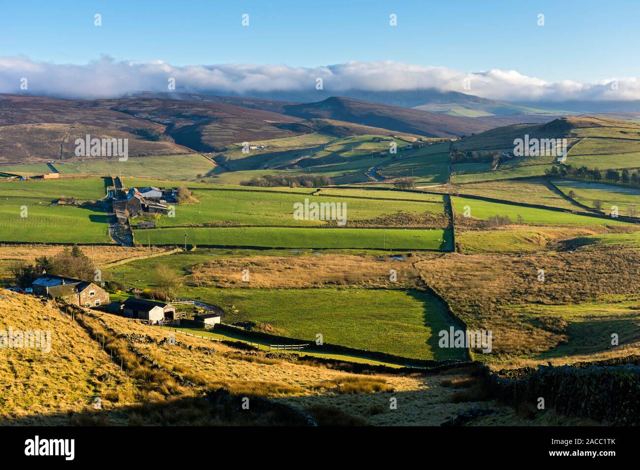The mist covered Kinder Scout plateau from Cown Edge, near Glossop ...