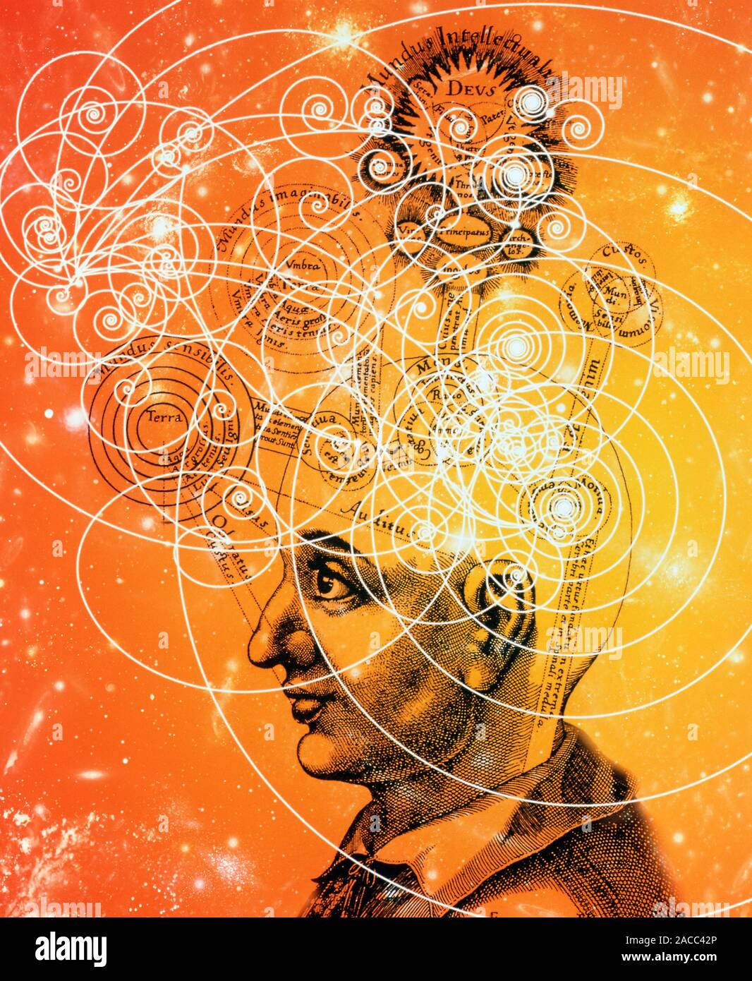 Particle tracks and historical cosmology. Computer illustration of ...