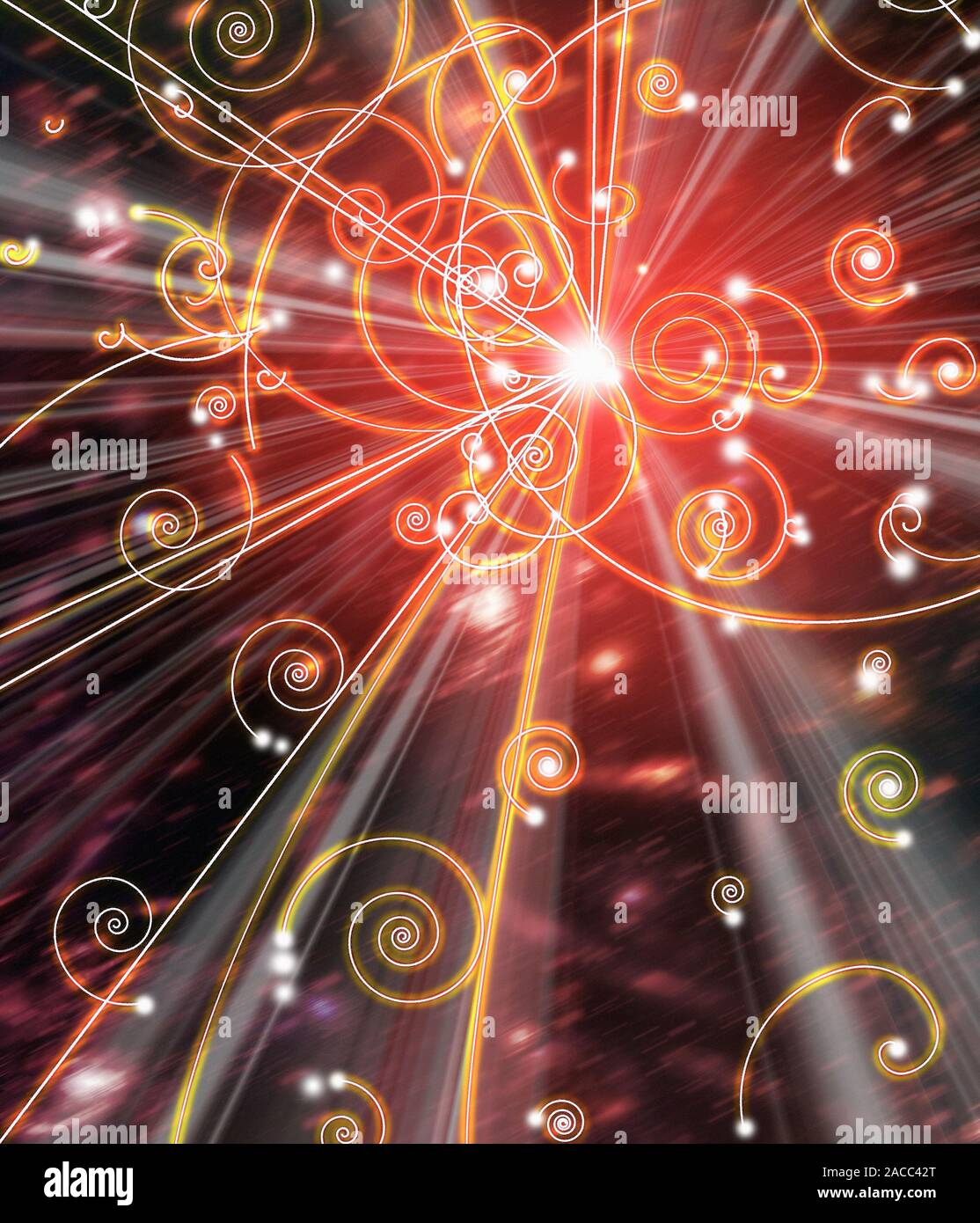 Particle tracks. Computer illustration of subatomic particle tracks ...