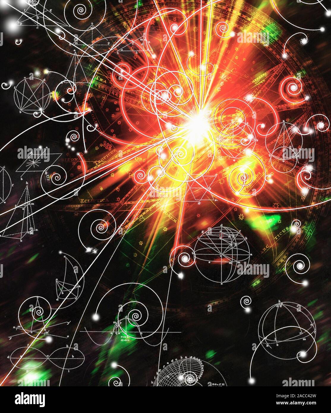 Particle tracks. Computer illustration of subatomic particle tracks ...