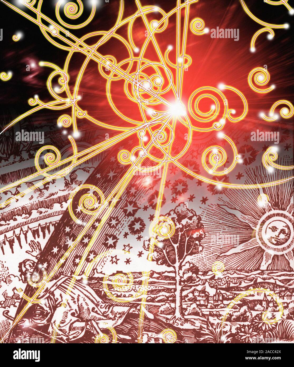 Particle tracks and cosmology. Computer illustrat- ion of subatomic ...