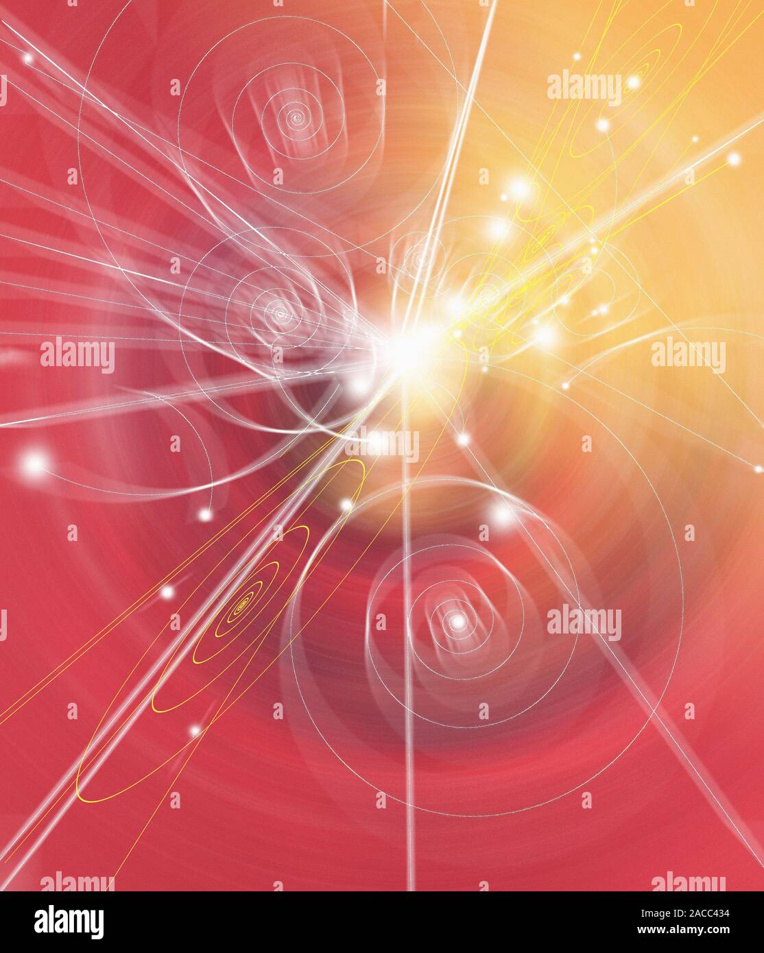 Particle tracks. Computer illustration of subatomic particle tracks ...