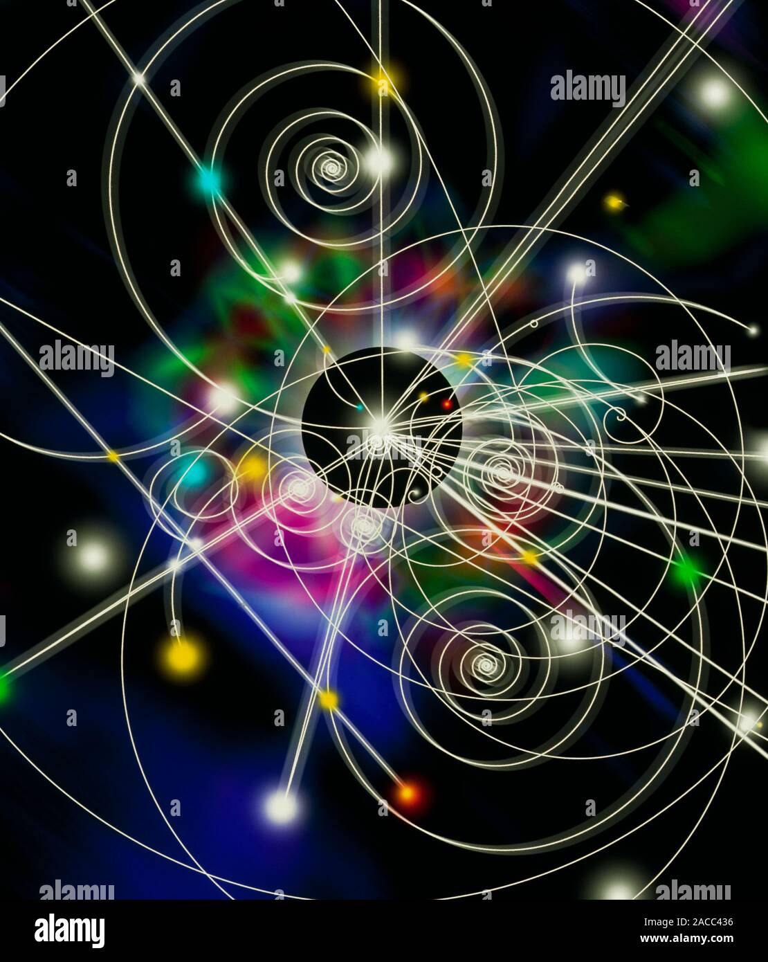 Particle tracks. Computer illustration of subatomic particle tracks ...