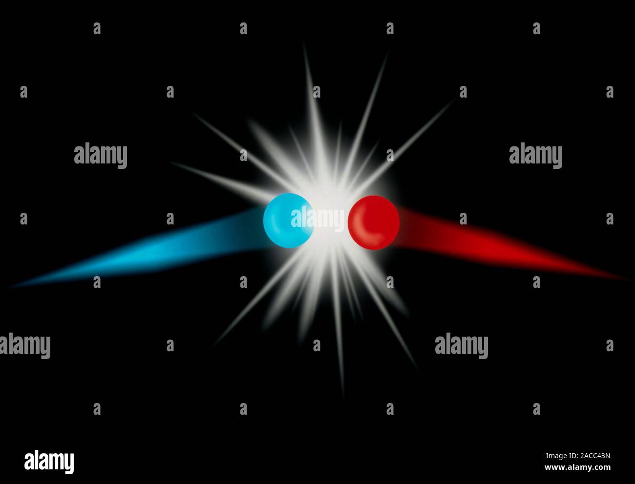 Positron-electron collision. Computer illustration of an electron (blue ...