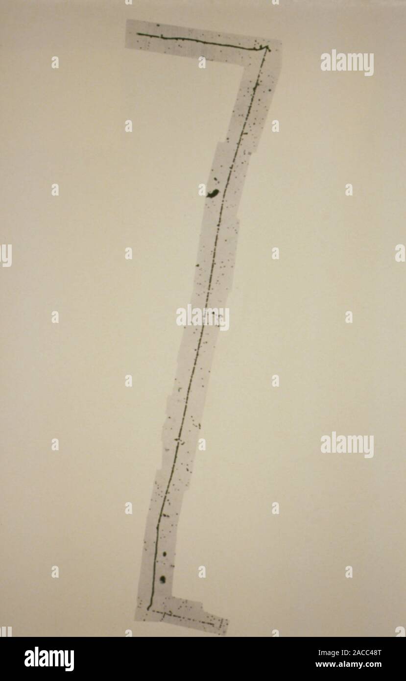 Emulsion photograph showing the classic pion-muon- electron (pi-mu-e ...