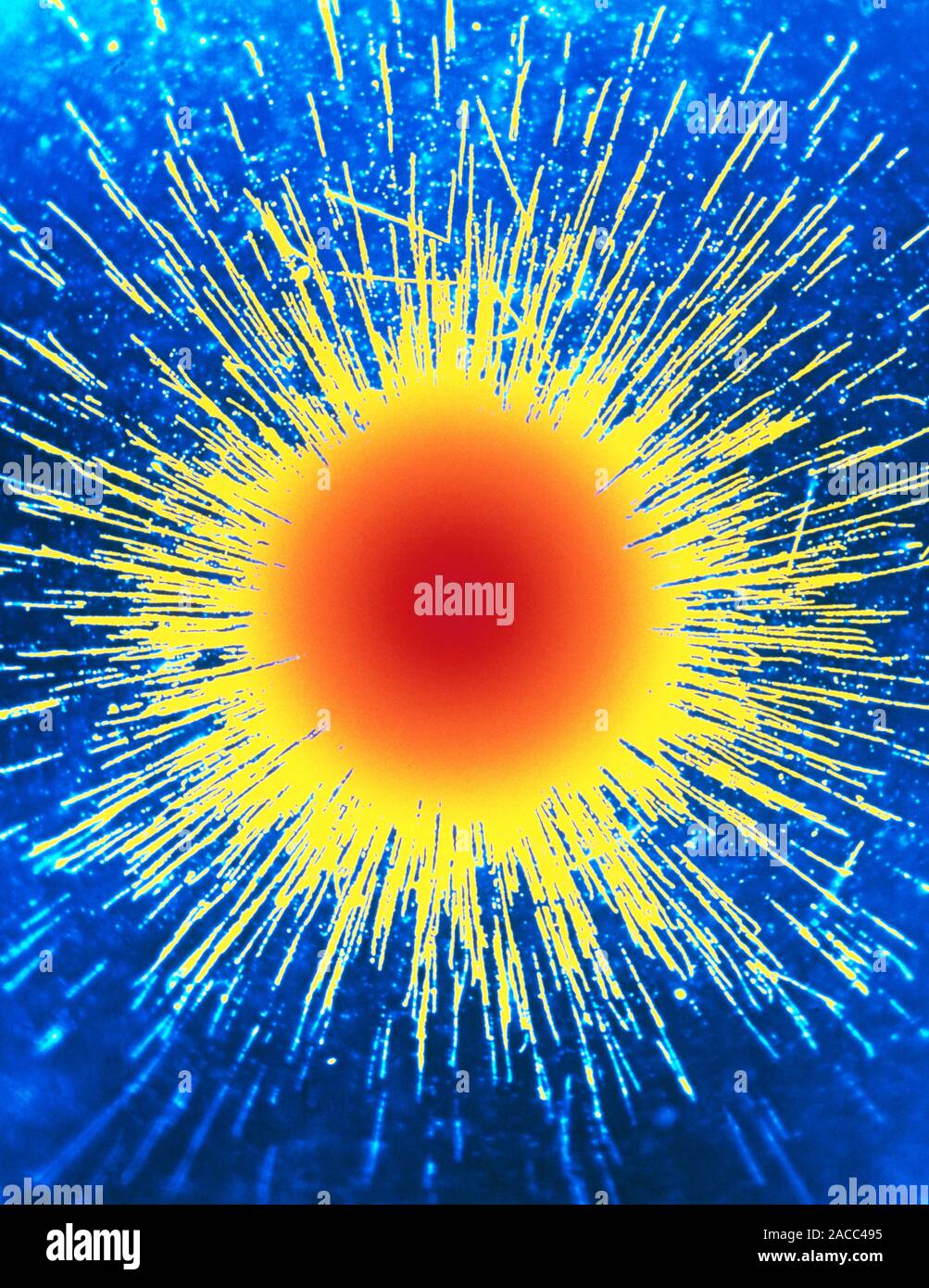 Radium alpha particles. Coloured image of the radioactive emission of ...
