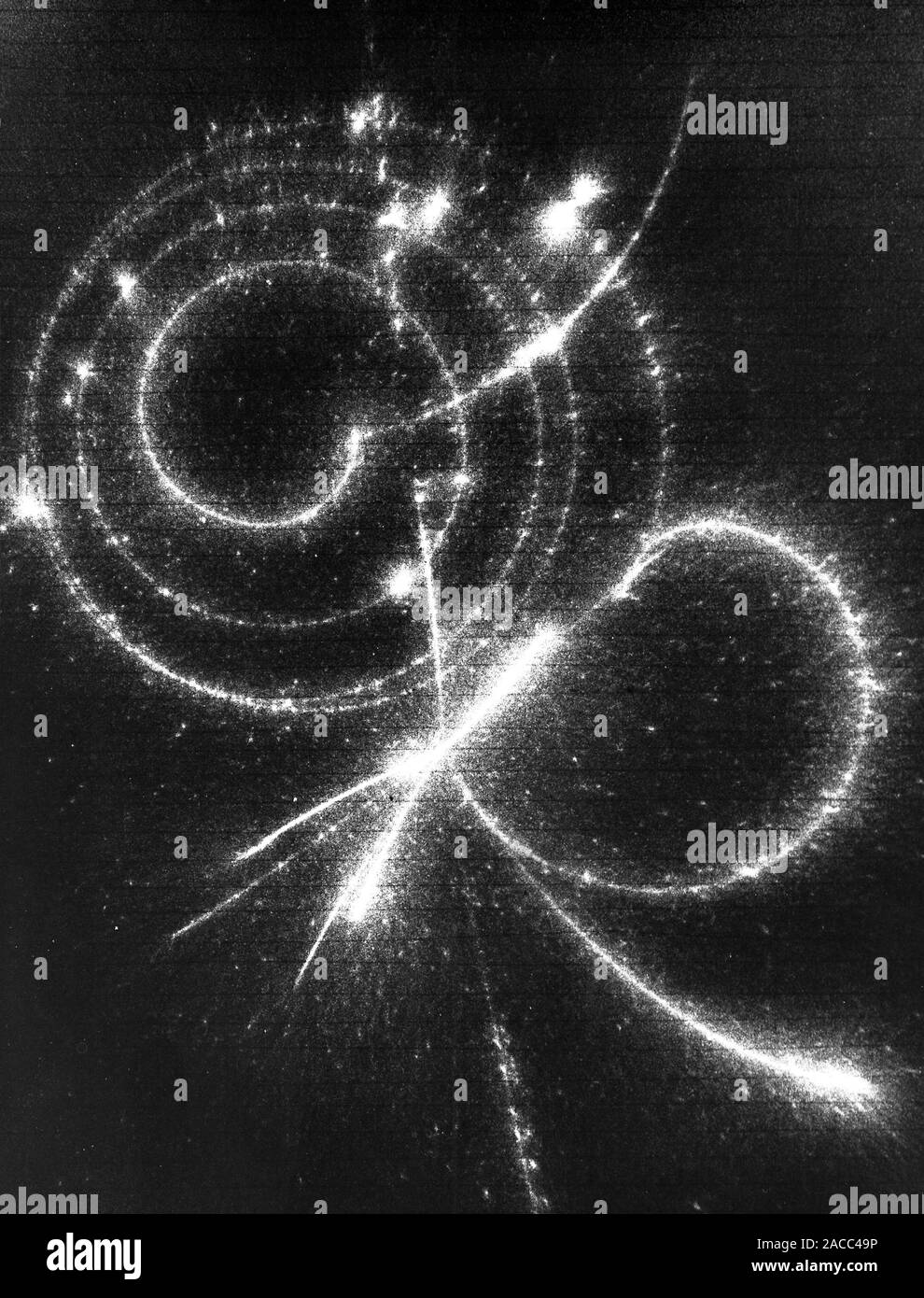 Streamer chamber photo of a pion-muon-electron (pi-mu-e) decay chain ...