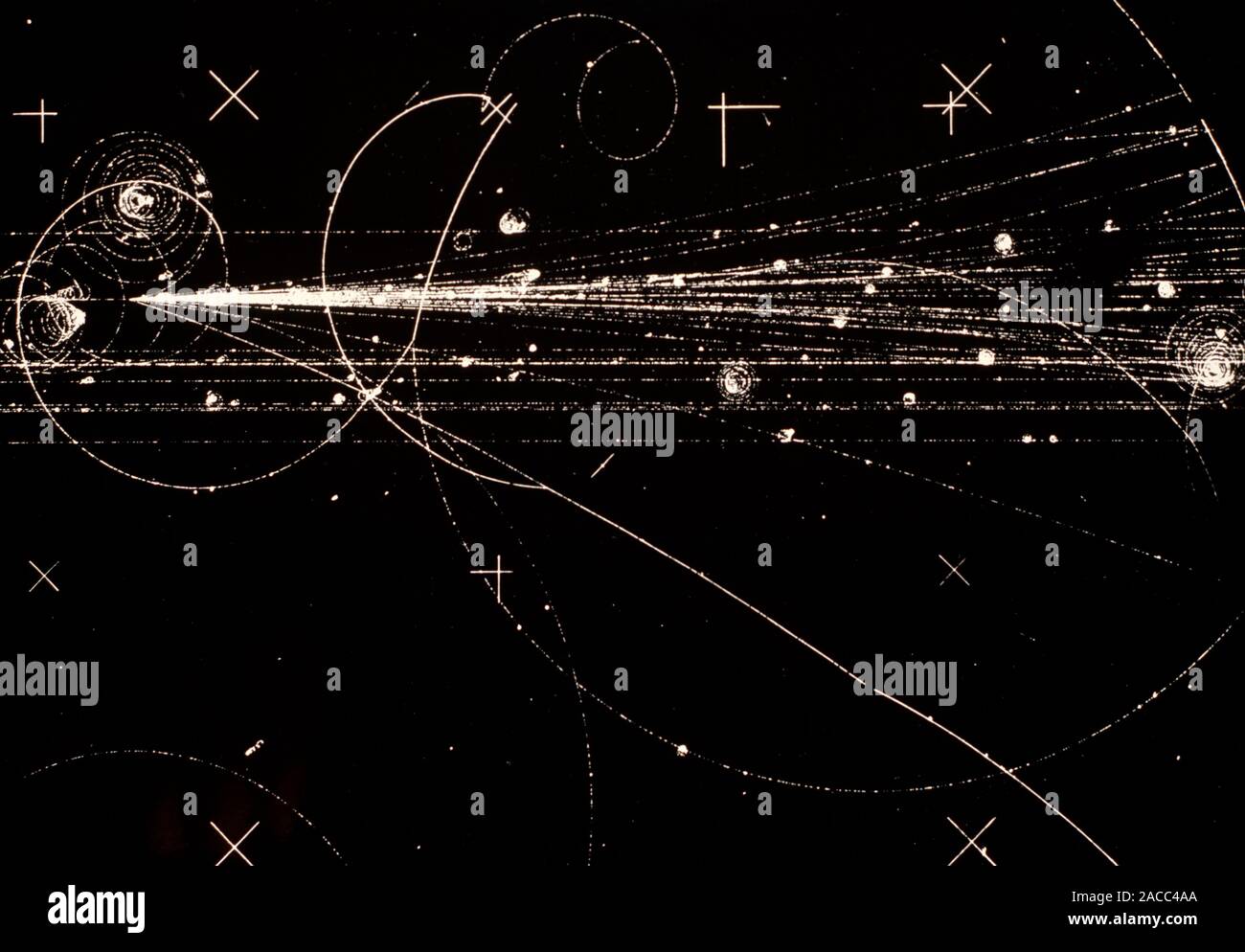 Bubble chamber photograph of the tracks of charged subatomic particles ...