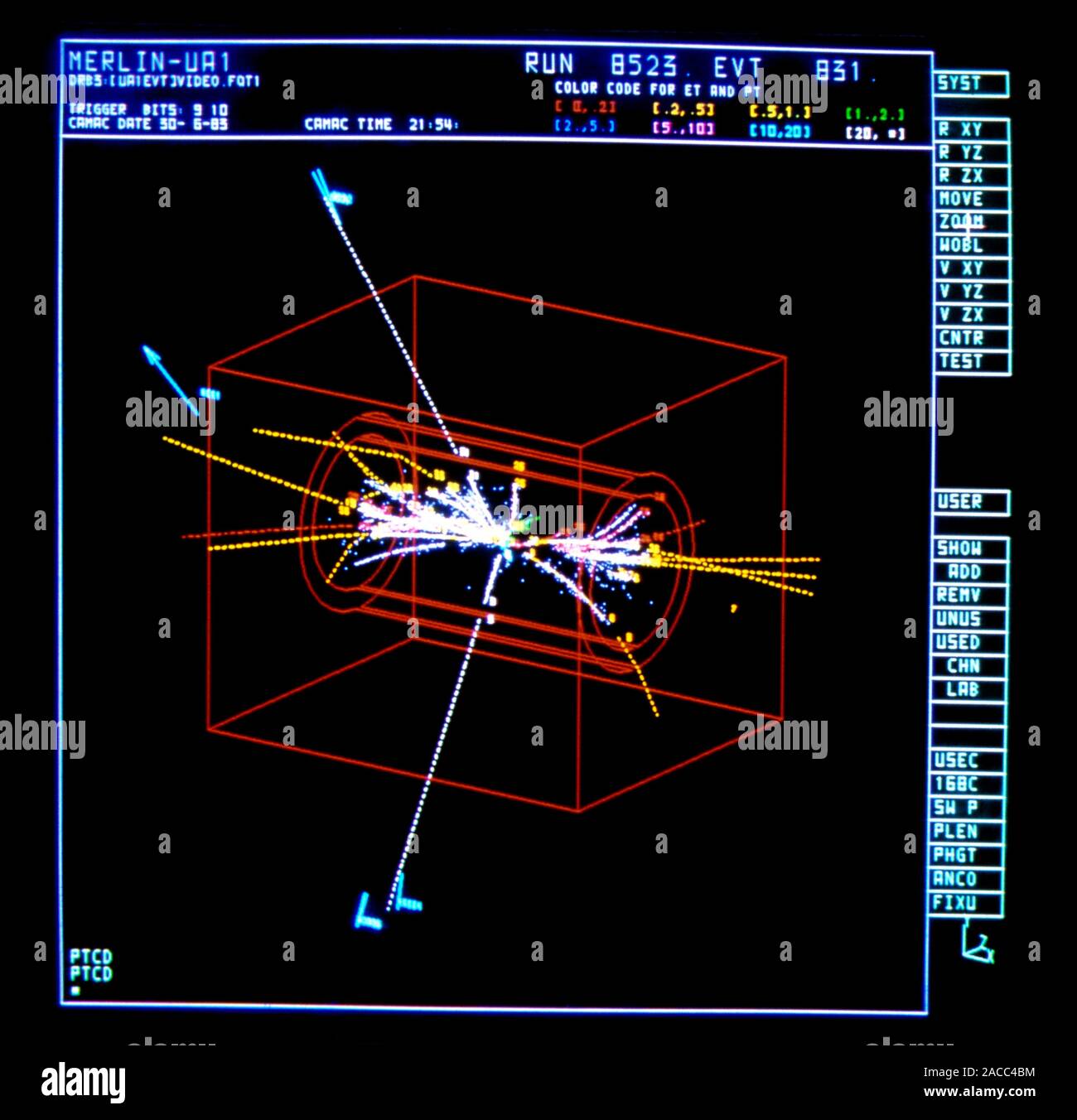 Z particle decay. Megatek" computer graphic display of an event from the UA1 detector at CERN ...