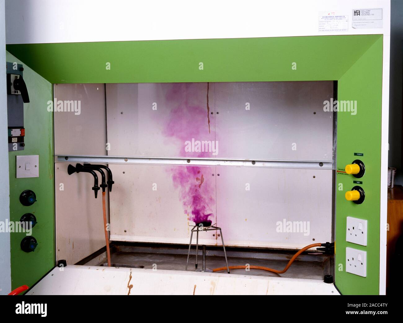 Iodine sublimation in a fume cupboard. At room temperature iodine is a ...