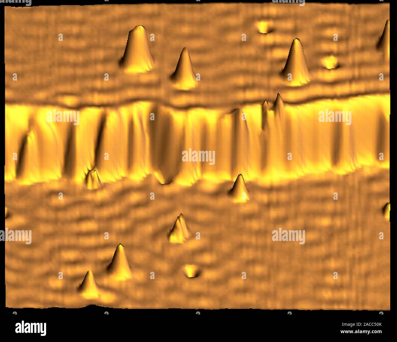 Spintronics research. Coloured scanning tunnelling micrograph (STM ...