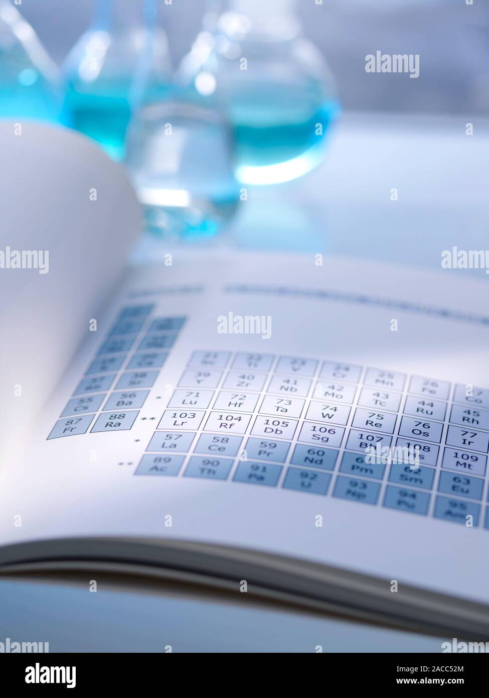 Periodic table and glass beakers containing liquids. The periodic table ...