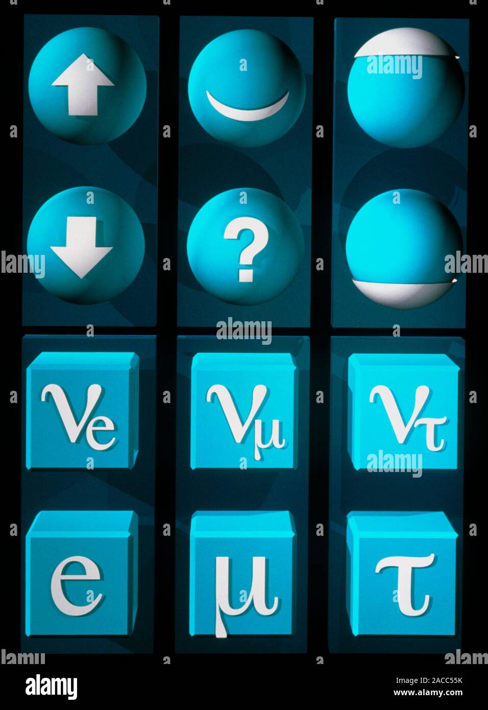 Subatomic particles. Computer artwork of a table of subatomic particles ...