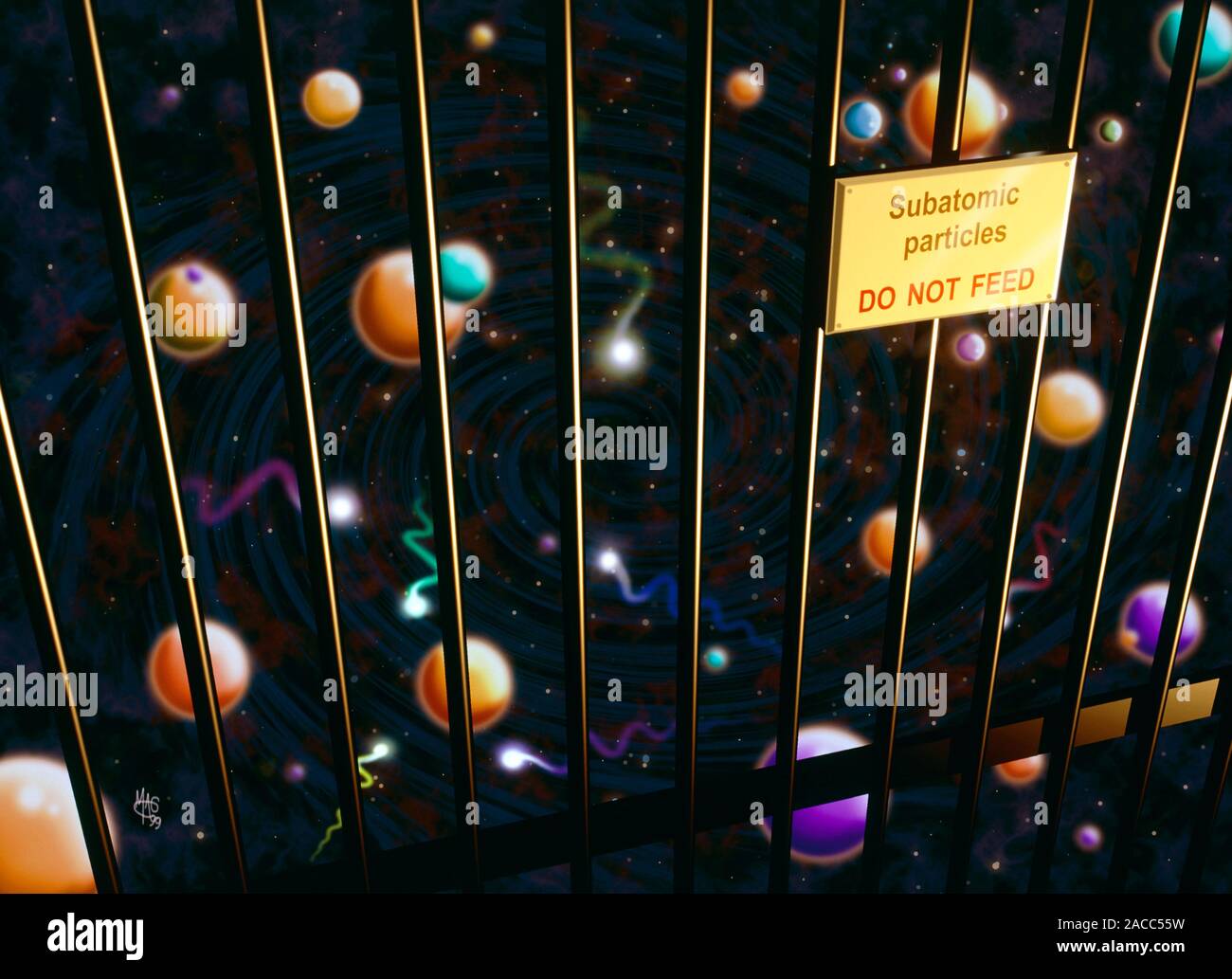 Particle zoo. Abstract computer illustration of caged particles in a ...