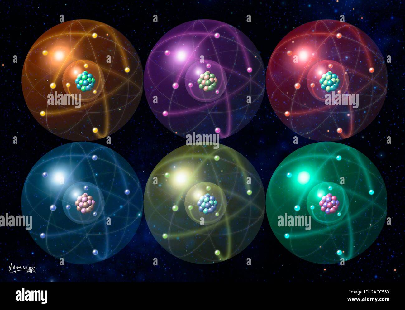 Atomic structure. Computer illustration of six atoms on a starfield ...