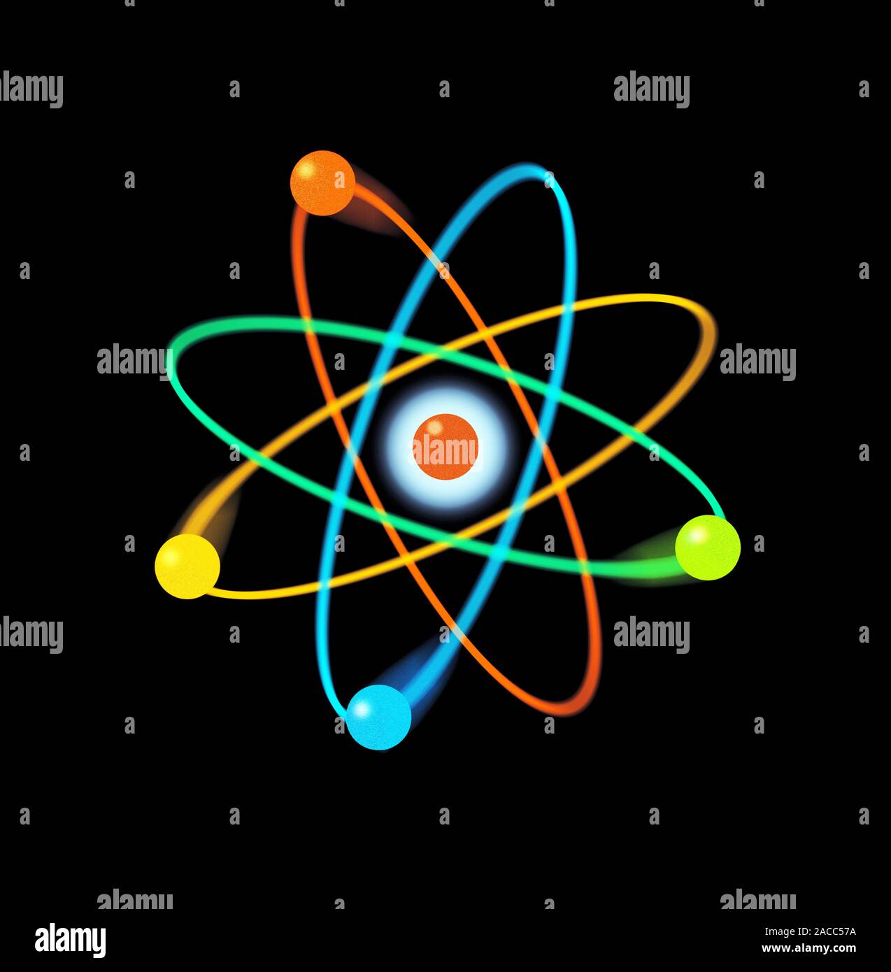 Atomic structure, computer artwork. In the centre of the atom is the ...