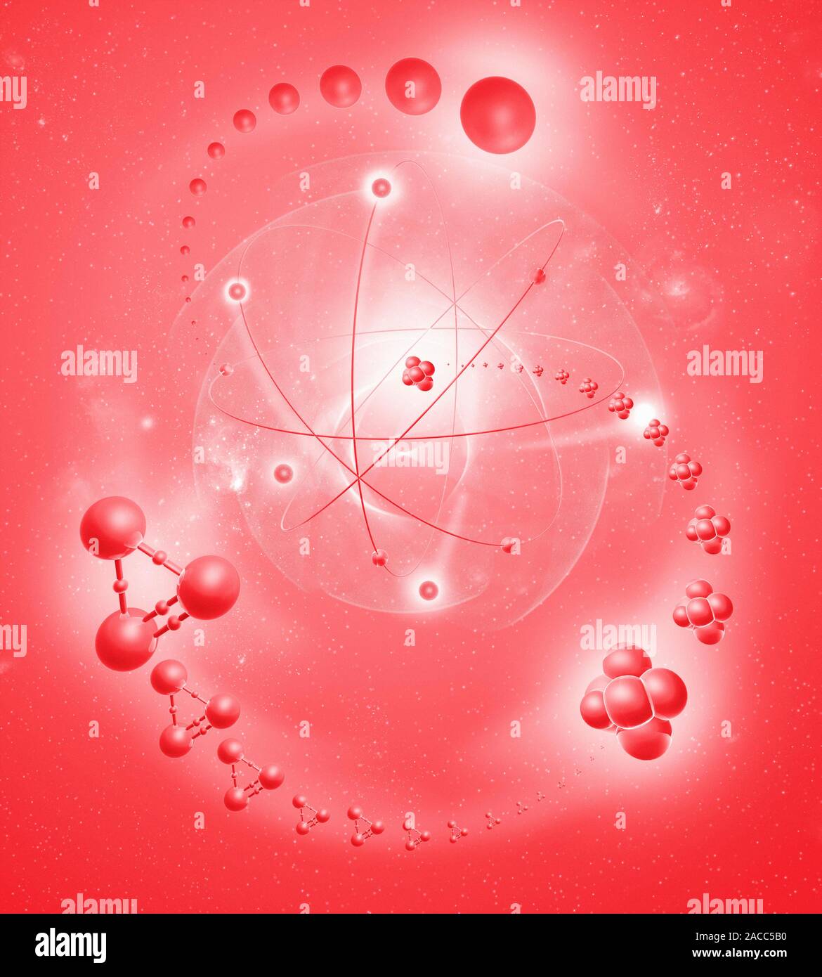 Atomic structure. Conceptual computer artwork of nine electrons orbiting a central nucleus ...