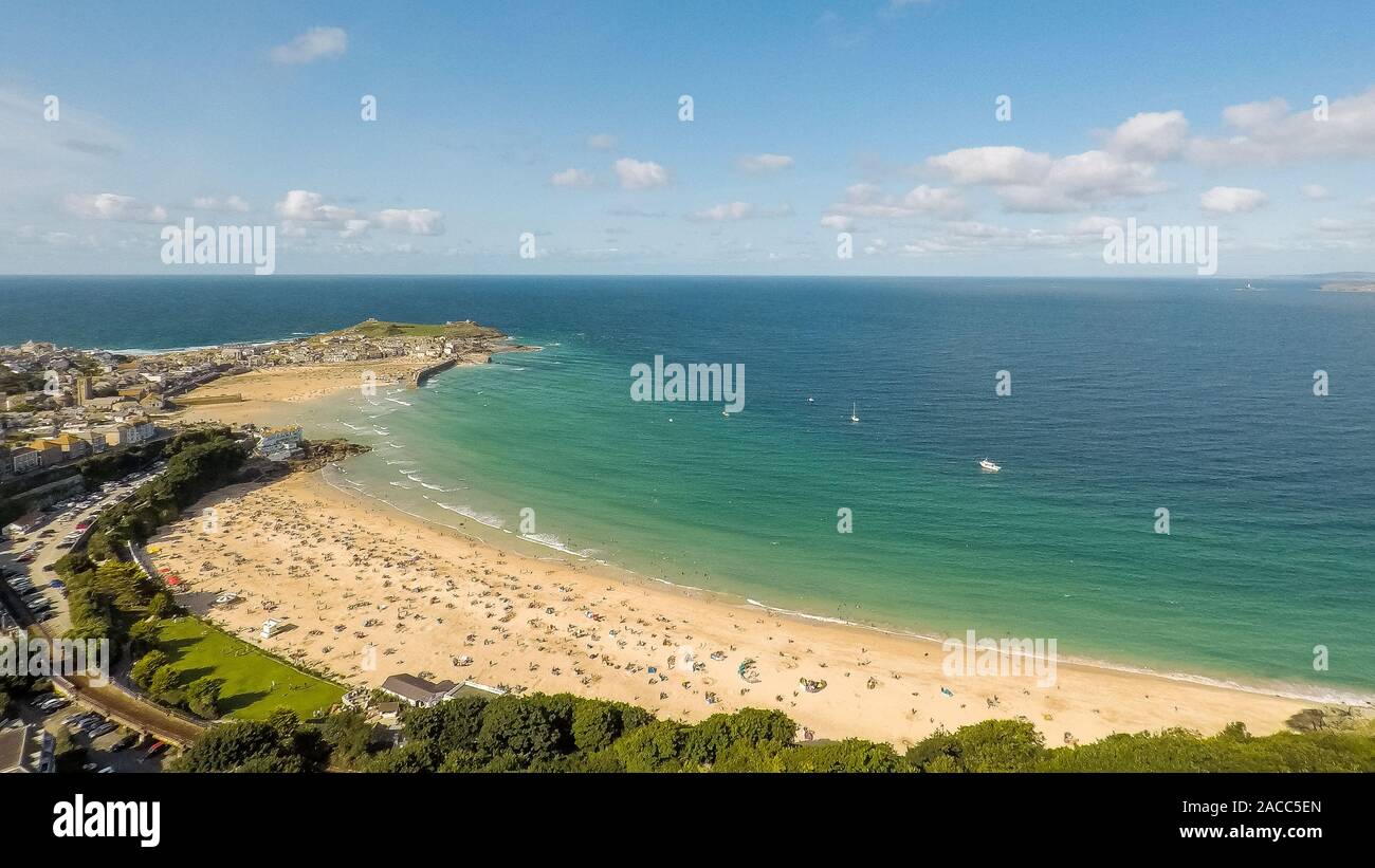 Aerial view of Carbis Bay, St Ives, Cornwall, Seaside resort and ...