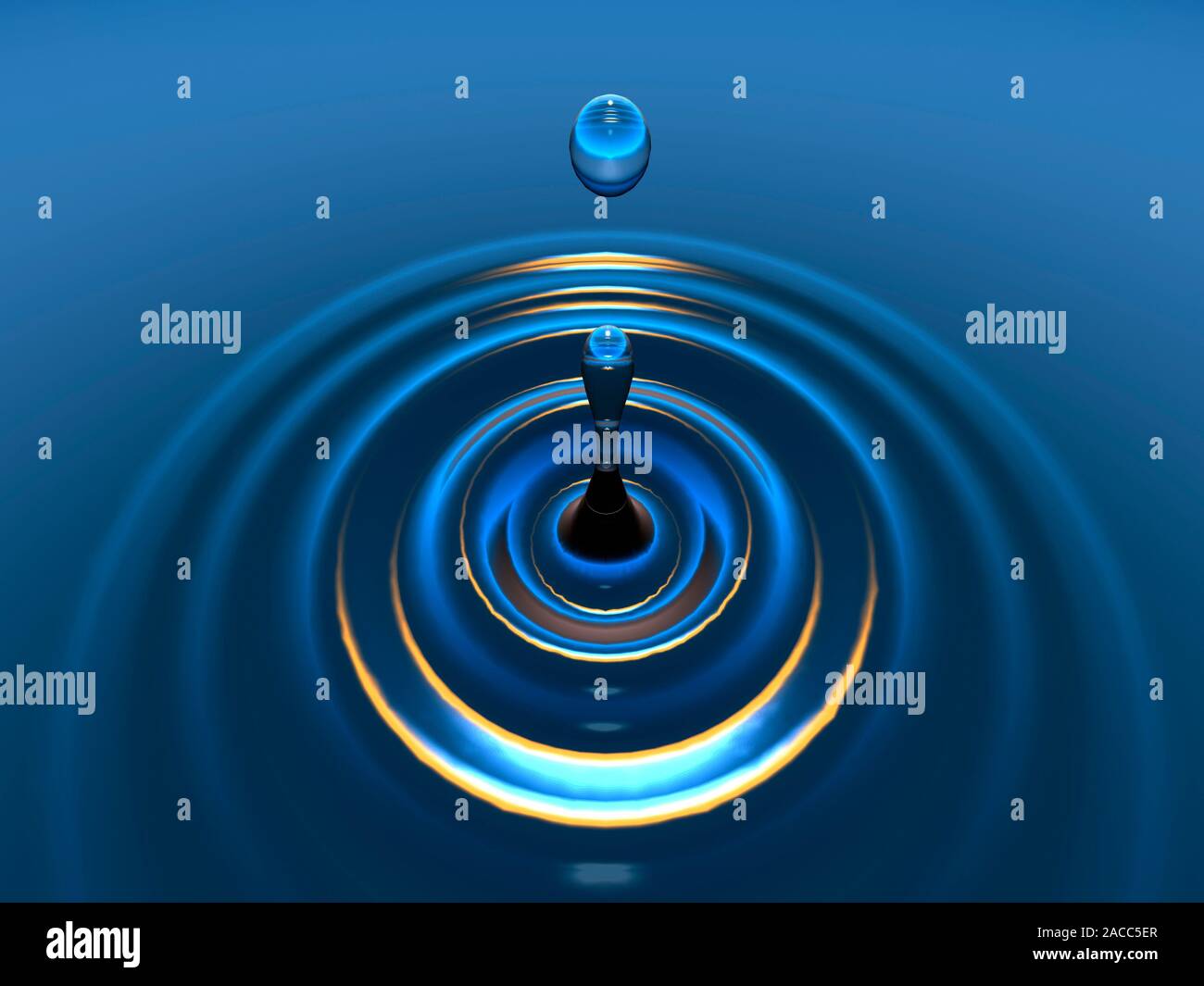 Water drop impact. Computer artwork of secondary drop formation ...