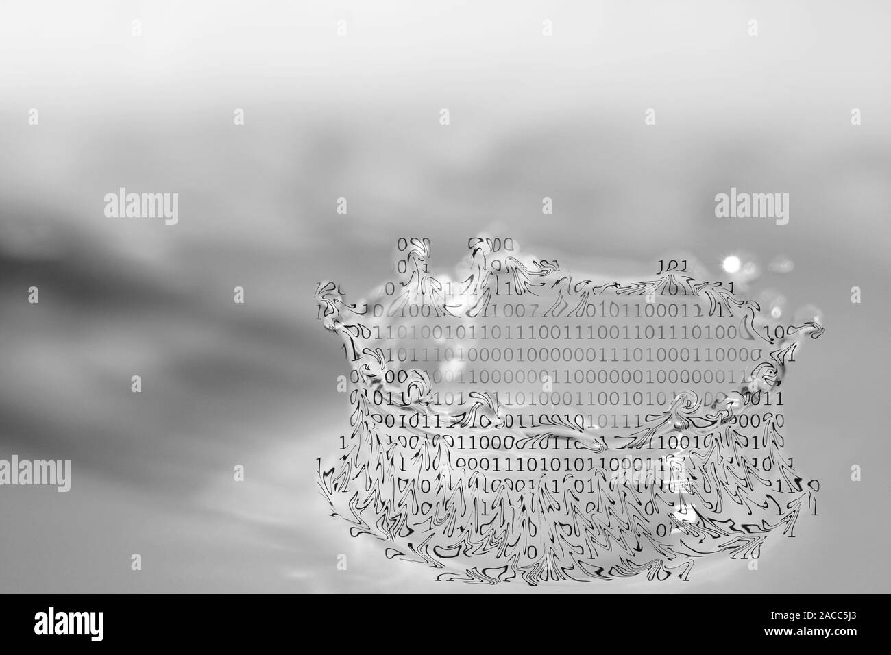 Water footprint, conceptual artwork. Impact splash composed of binary ...