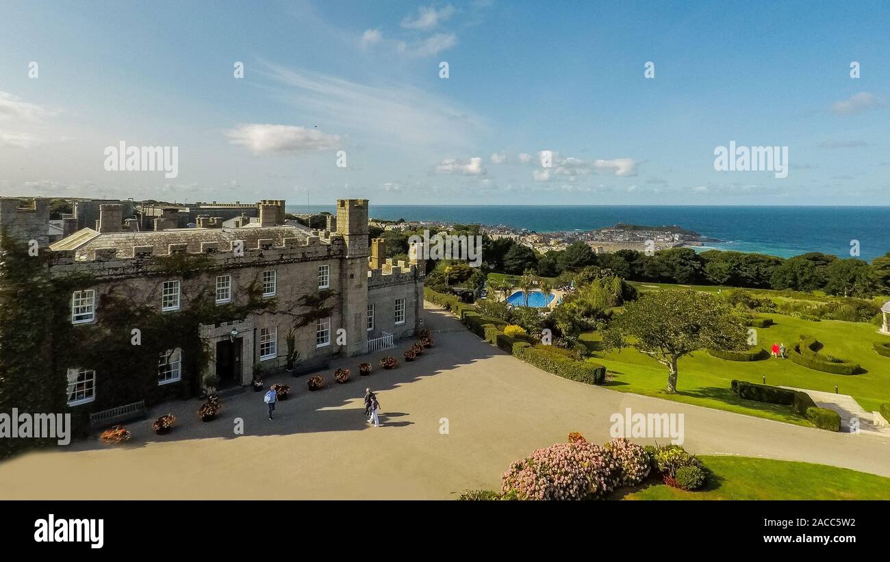 Aerial view of Tregenna Castle Resort and Carbis Bay Beach, Seaside ...