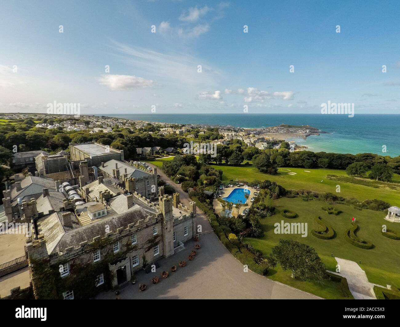 Aerial view of Tregenna Castle Resort and Carbis Bay Beach, Seaside ...