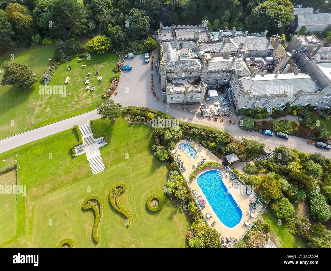 Aerial view of Tregenna Castle Resort, Carbis Bay, Seaside village ...