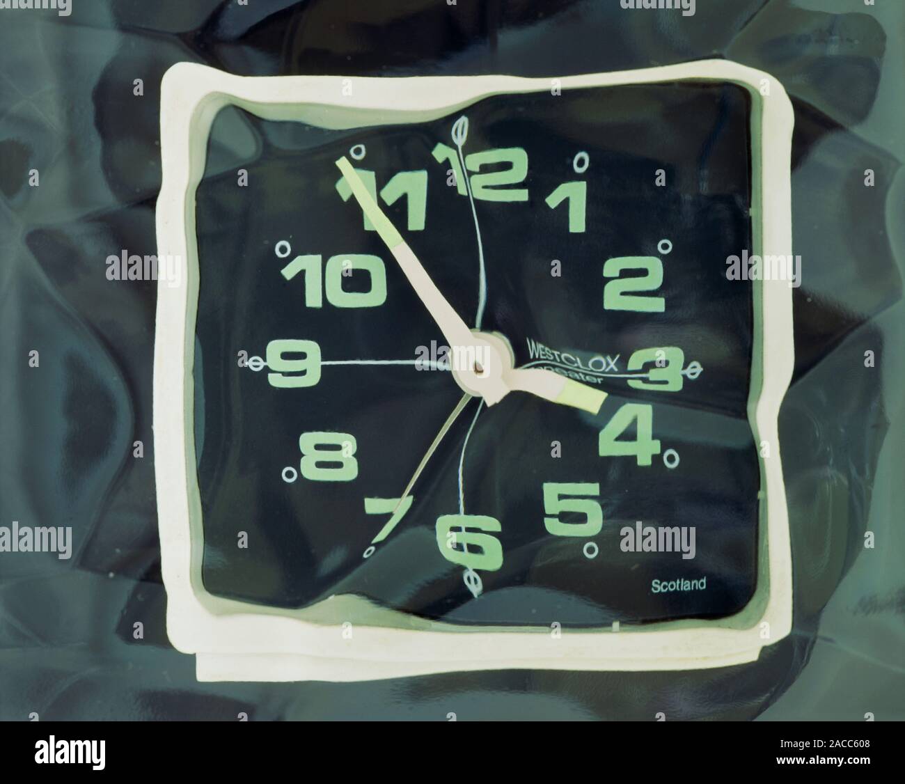 Distorted image of a clock face. The distortion has been caused by ...