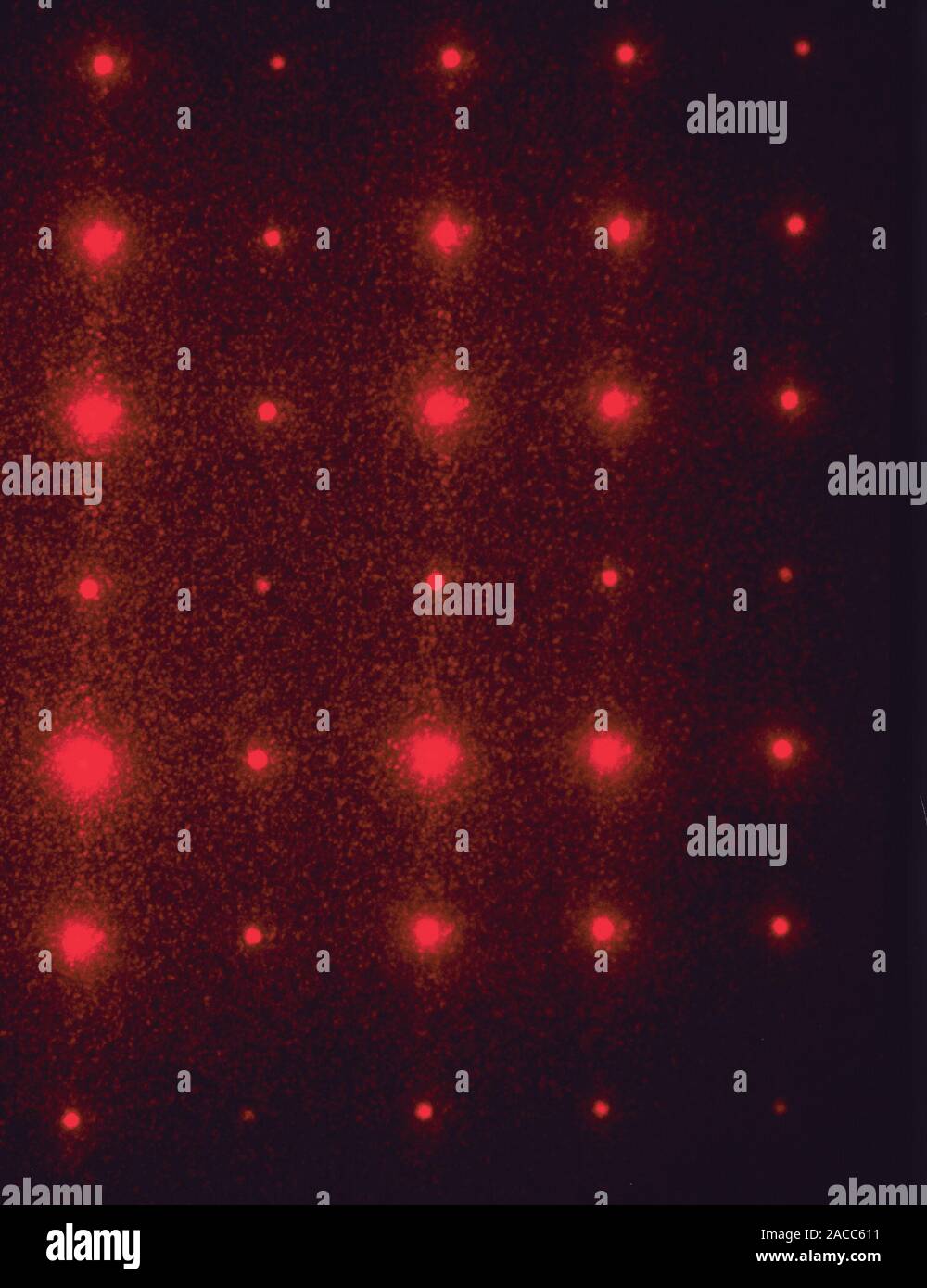 Diffraction grating pattern formed by laser light (red). The laser ...