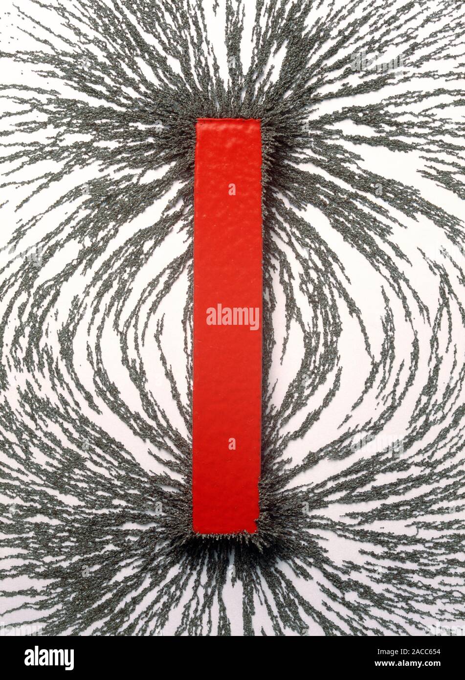 Magnetic field. Bar magnet with iron filings aligned around it. The ...
