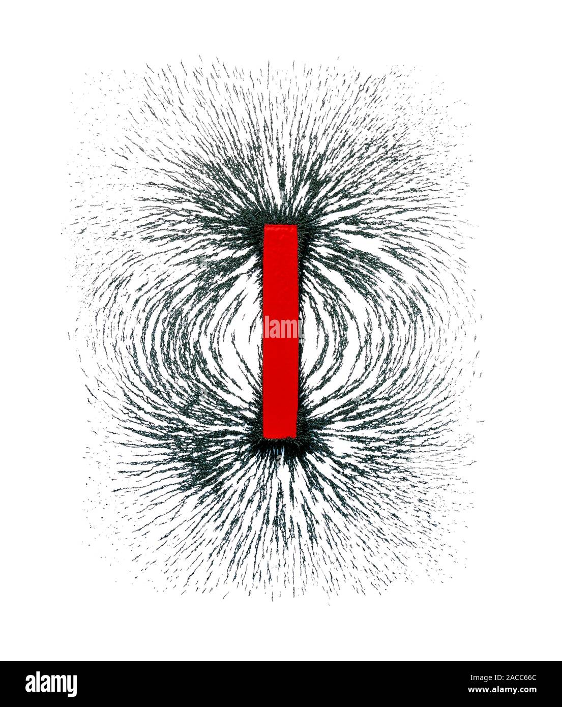 Magnetic field. Bar magnet with iron filings aligned around it. The ...