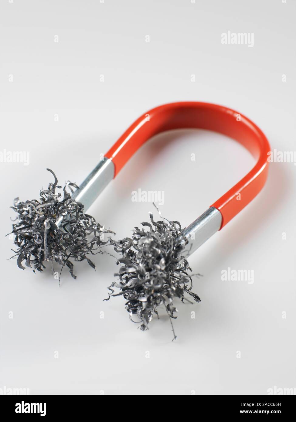 Magnetism. Iron shavings attracted to two ends of a horseshoe magnet ...