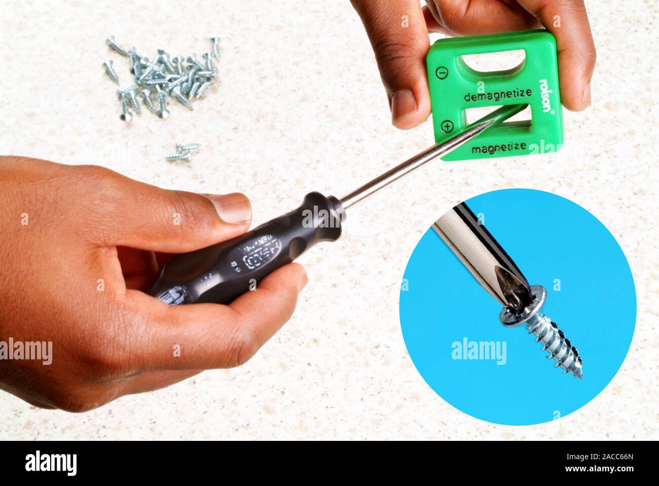 Magnetising a screwdriver. Magnetic device (green) being used to ...