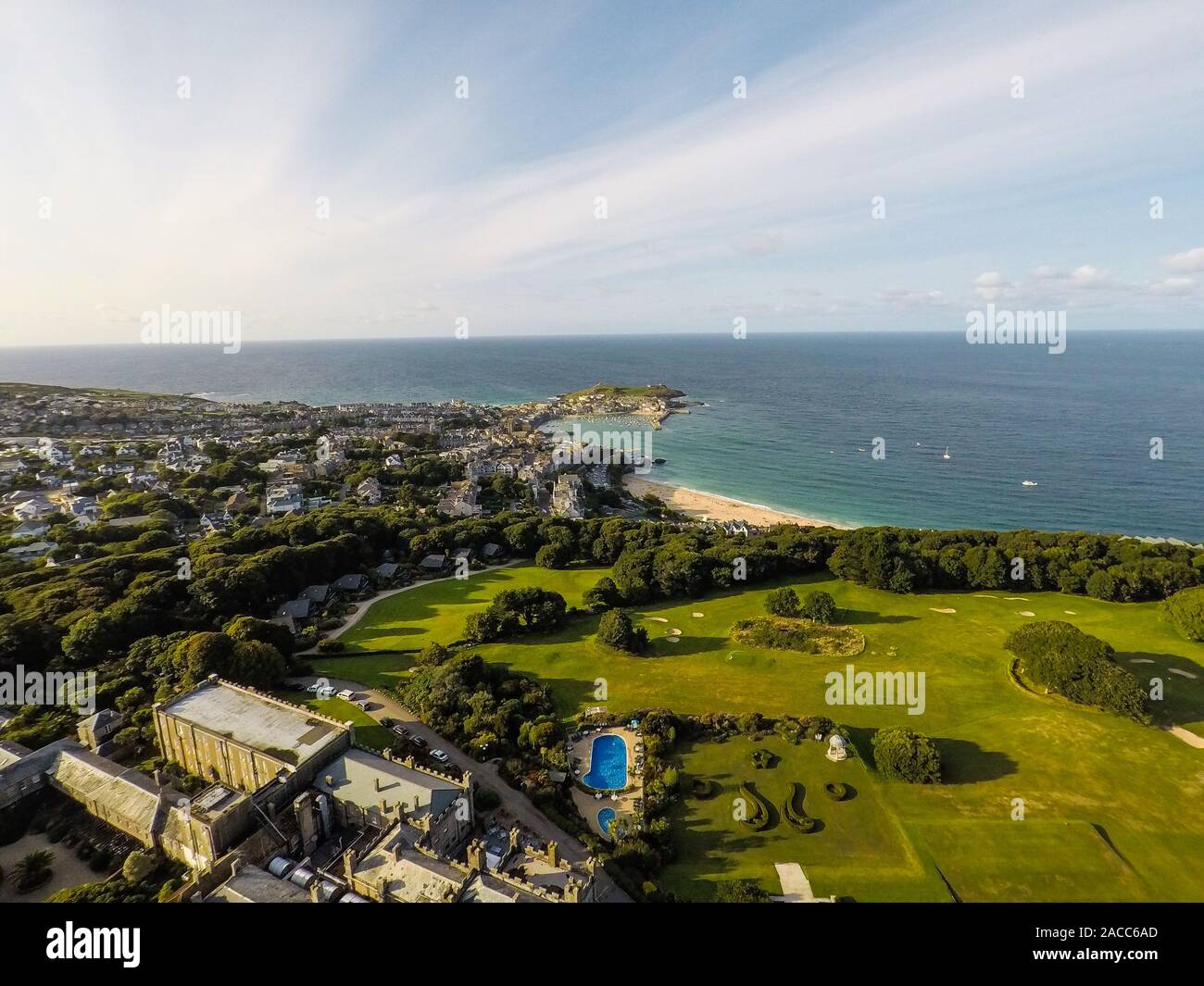 Aerial view of Tregenna Castle Resort and Carbis Bay Beach, Seaside ...