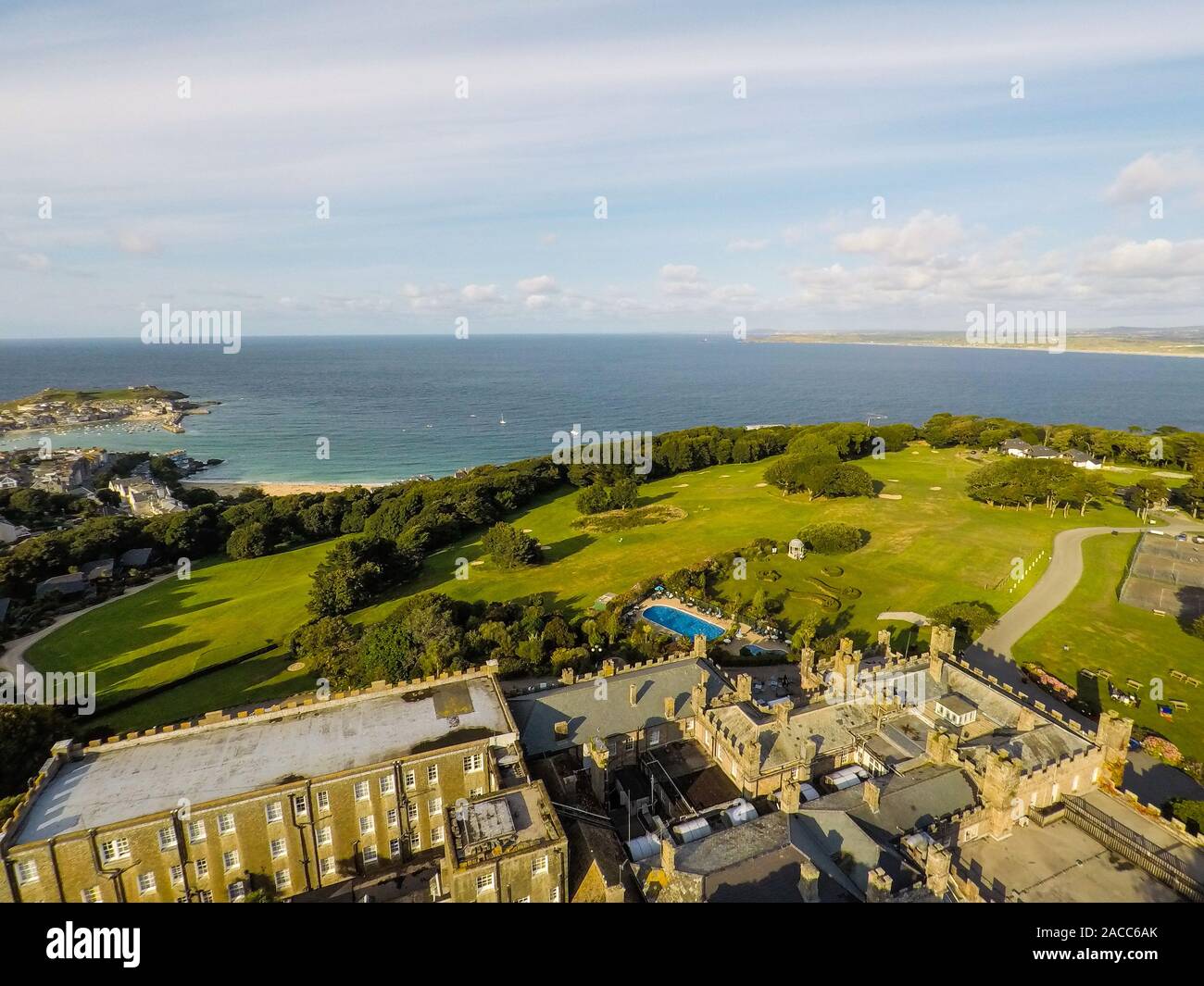 Aerial view of Tregenna Castle Resort and Carbis Bay Beach, Seaside ...